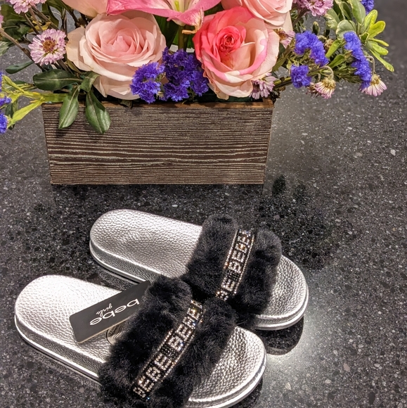bebe | Shoes | Bebe Cushion Sole Rhinestone Logo Faux Fur Slides Size ...